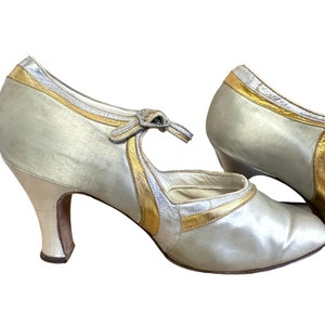 1920s Mary Jane Heels Silver Satin Shoes W/ Silver/gold Leather Strap ...
