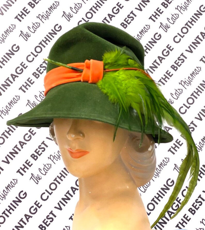 Vtg Winner Hat Church Green Fur Felt Orange Trim Bucket Feathers MCM - Etsy