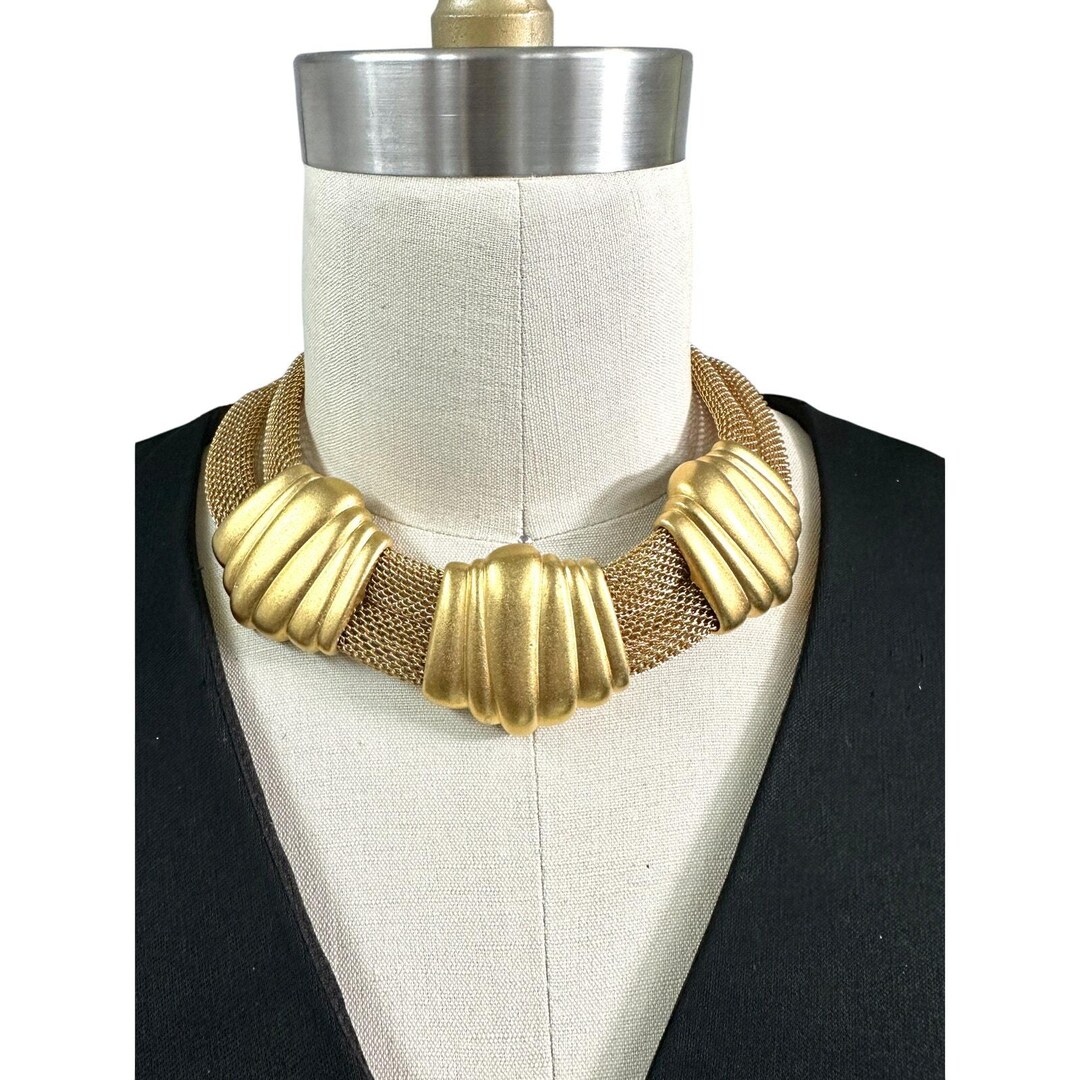 RARE 80’s Signed Monet Gold Plated Mesh Chain and Knot Statement Collar ...