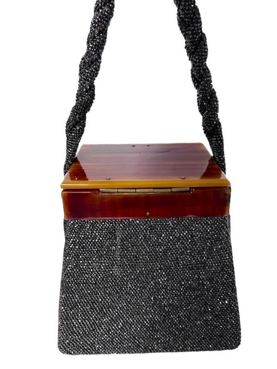 1940s Cubist Box Purse, Black Beads, Lucite Lid, Brai… - Gem