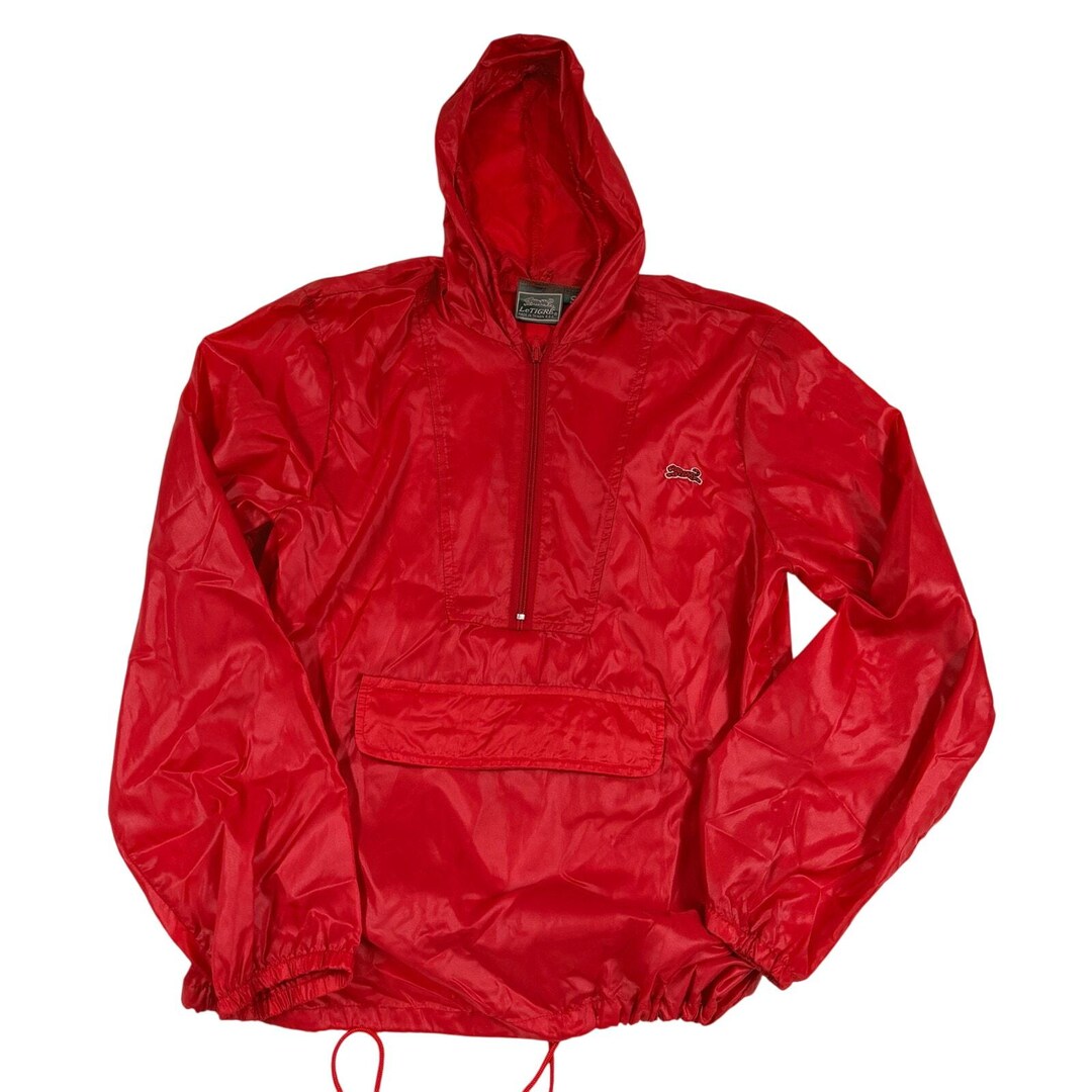 VTG 80s Le Tigre Red Nylon Windbreaker Anorak Hoodie Tiger Logo ...