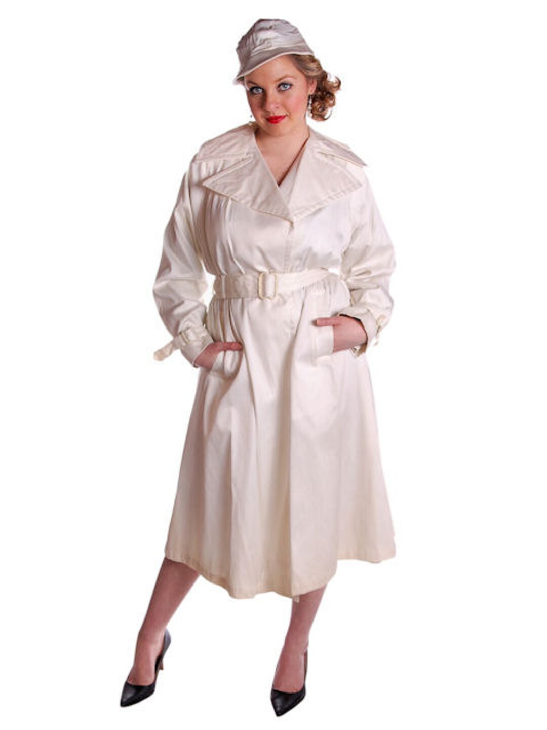 White Vintage Trench Coat Secret Agent Carter Wool Cotton Blend W/hat ...