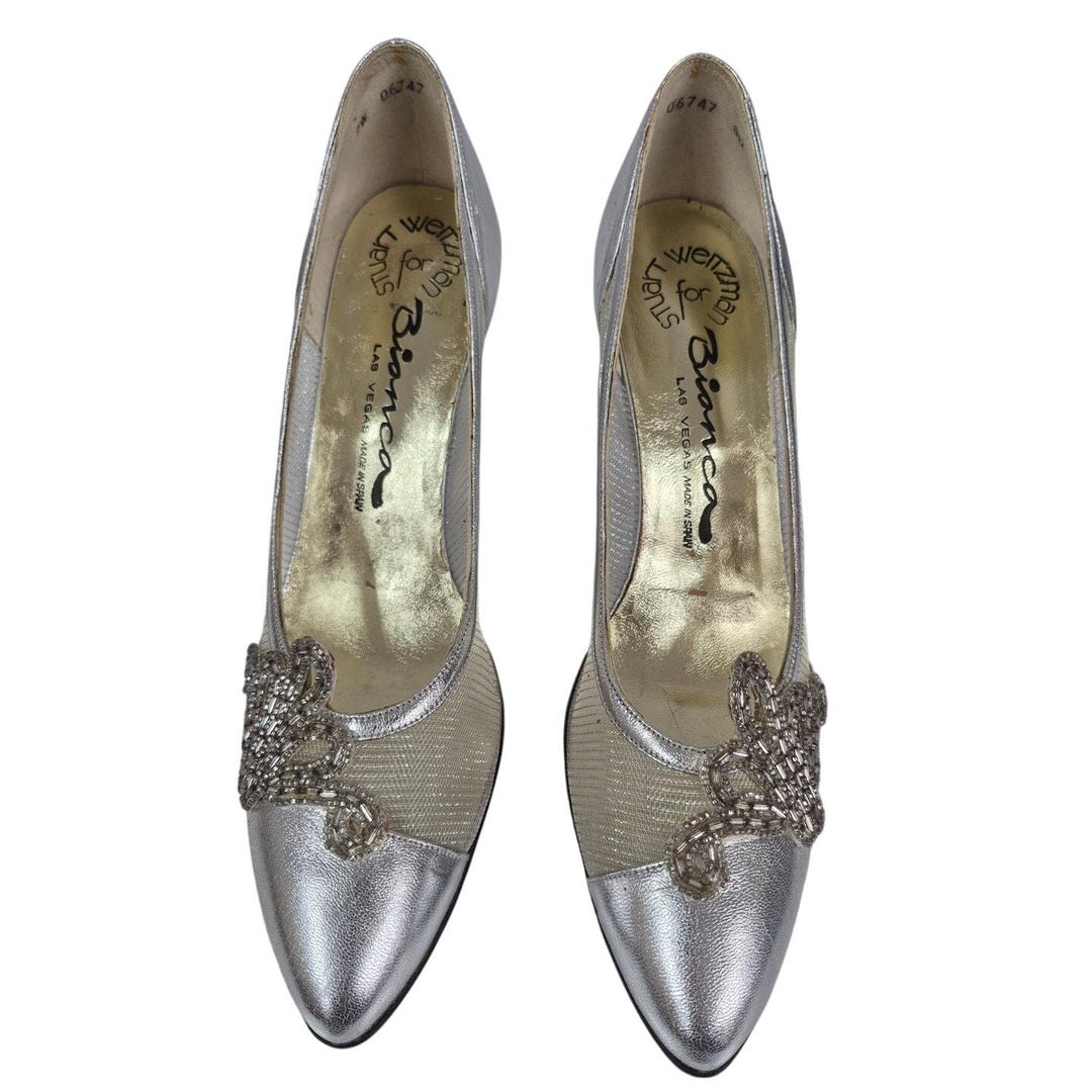 VTG NEW 80s Stuart Weitzman for Bianca Las Vegas Silver Mesh Pumps Sz 7 ...