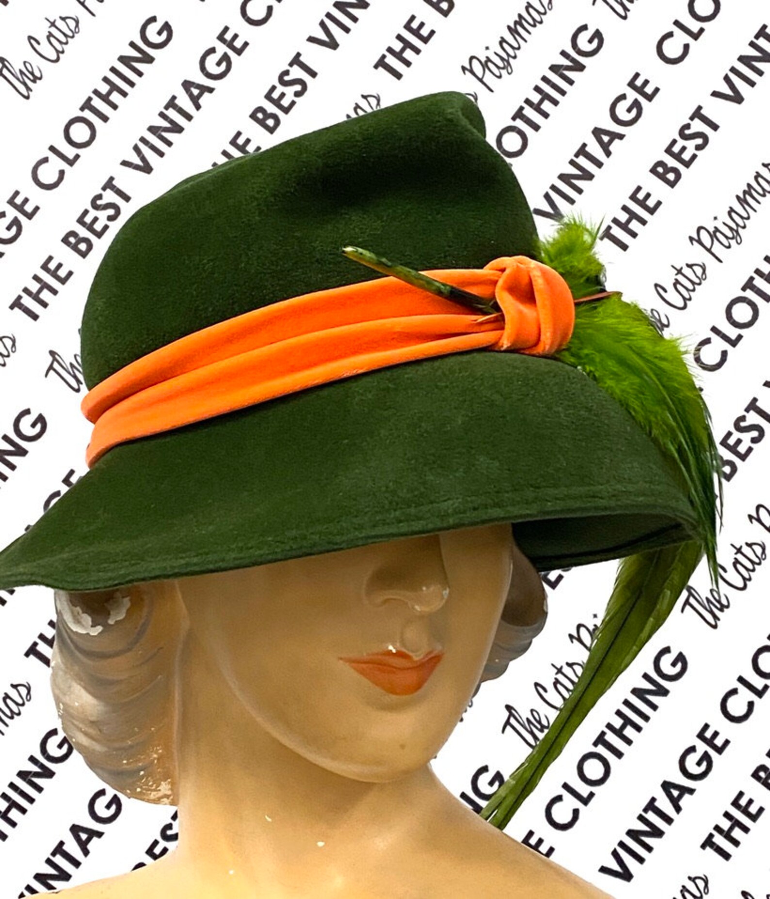 Vtg Winner Hat Church Green Fur Felt Orange Trim Bucket Feathers MCM - Etsy