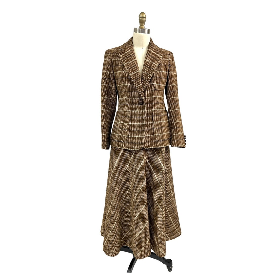 1970s Evan Picone A Line Skirt Suit All Wool Brown Blue Plaid S/6 ...
