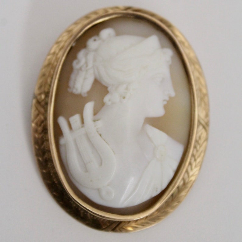 Antique Shell Cameo orpheus W/lyre Brooch 10K Yellow Gold 1837-1910 ...