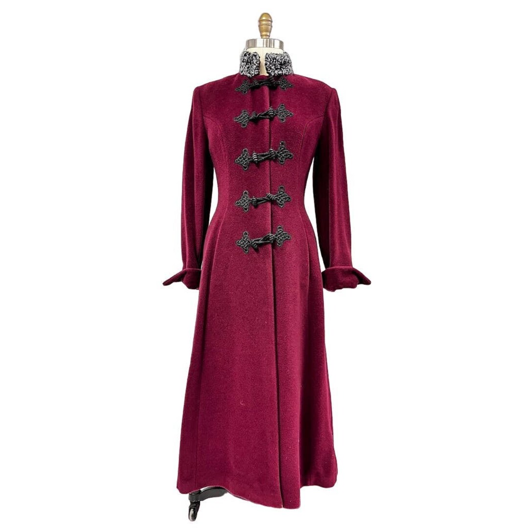 80s VTG Miss Elle Ci Cossack Style Maxi Coat Sz 42/M Wine Wool Cashmere ...