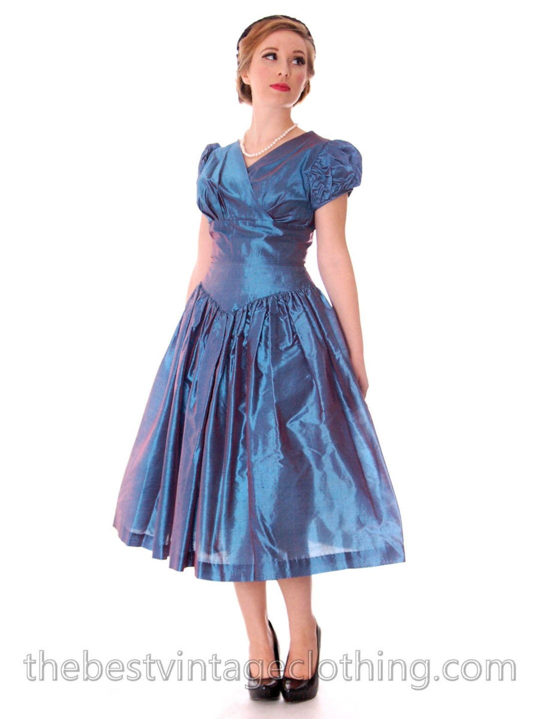 Vintage MCM Retro Party Dress Changeable Iridescent Blue Taffeta Full ...