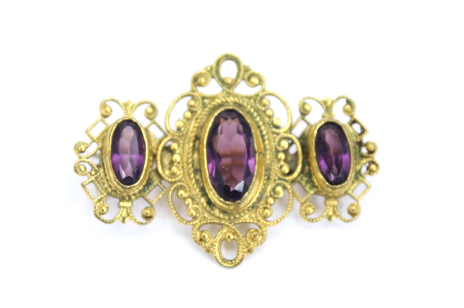 Victorian Neck Brooch 3 Amethyst Stones Bezel Set Ornate Gold Wash ...