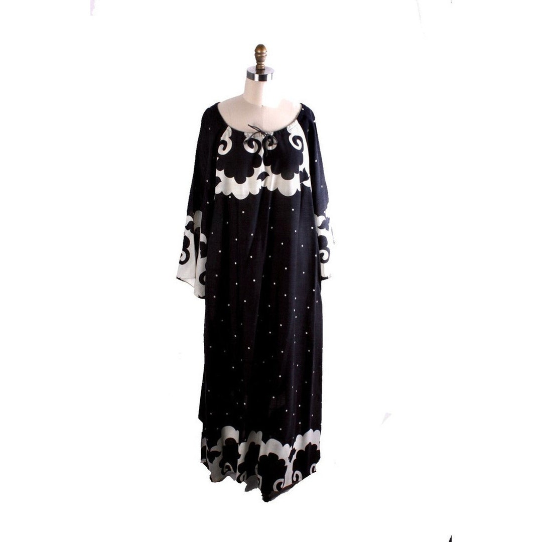 Vintage 1970s Utria Finland Wool Voile Black & White Maxi Peasant Dress ...