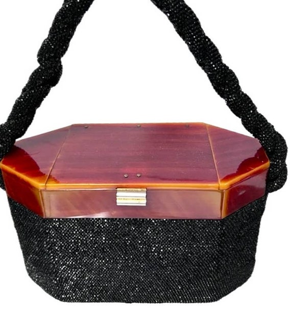 1940s Box Purse Black Carnival Beads Lucite Top Braid… - Gem