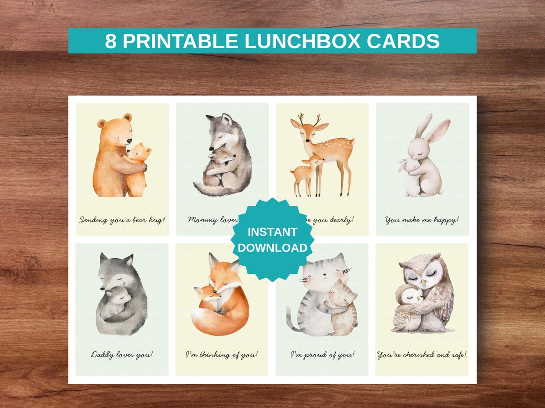 Printable Lunch Cards for Kids, 8 Cute Parent & Baby Animal Hug ...