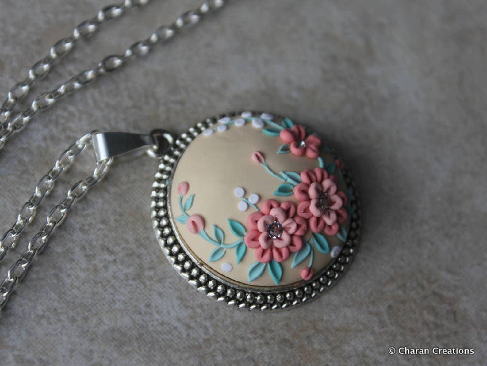 Gorgeous Polymer Clay Applique Statement Pendant Necklace in Peach ...