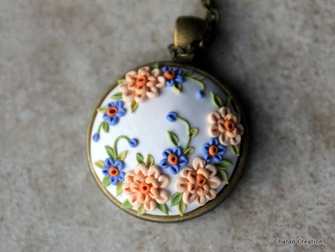 Lovely Polymer Clay Applique Statement Pendant Necklace in White and ...