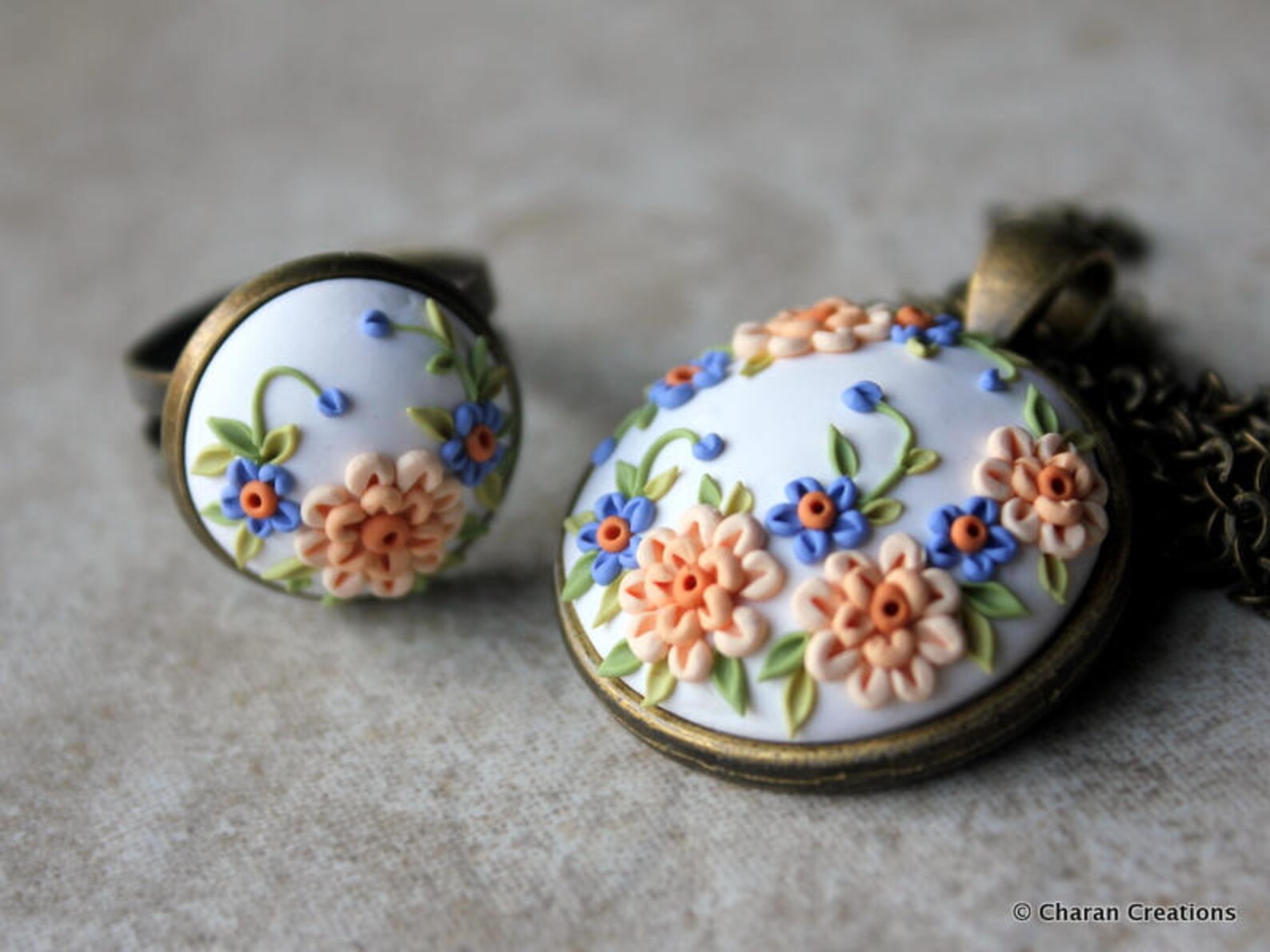 Beautiful Polymer Clay Applique Statement Ring in White and Peach - Etsy