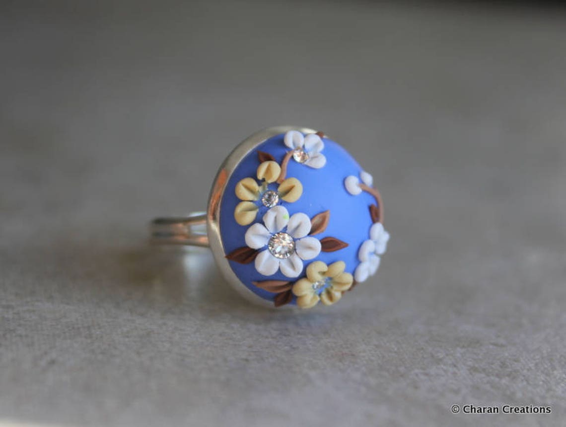 Hand Sculpted Polymer Clay Applique Statement Ring in Periwinkle and ...