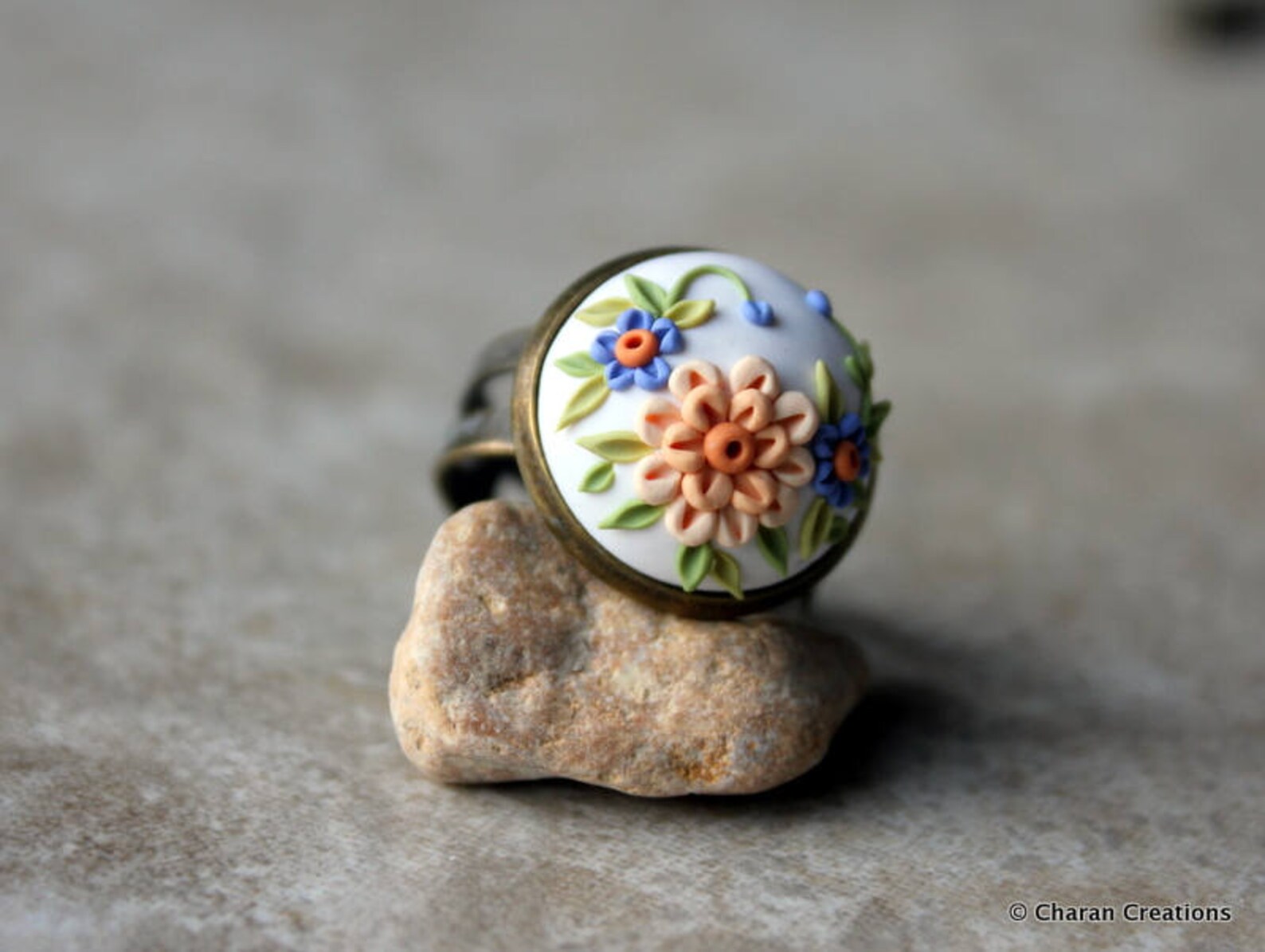 Beautiful Polymer Clay Applique Statement Ring in White and Peach - Etsy