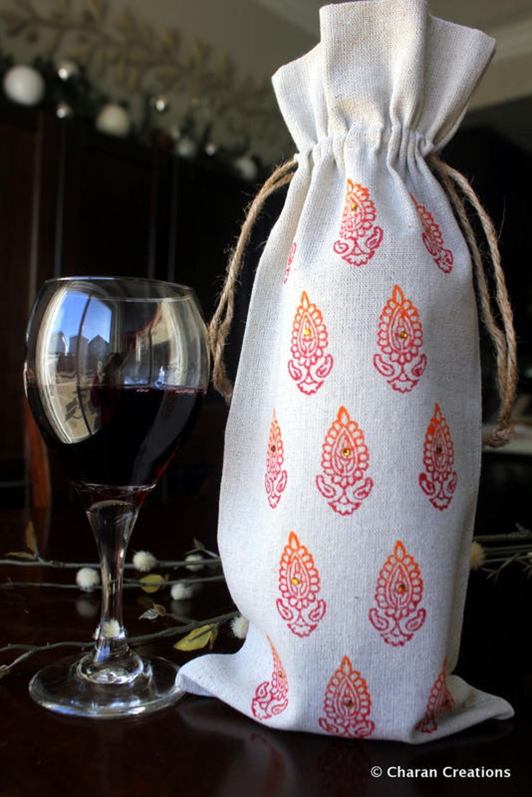 Hand Block Printed Drawstring Wine Bag, Hand Stamped Eco-friendly Wine ...