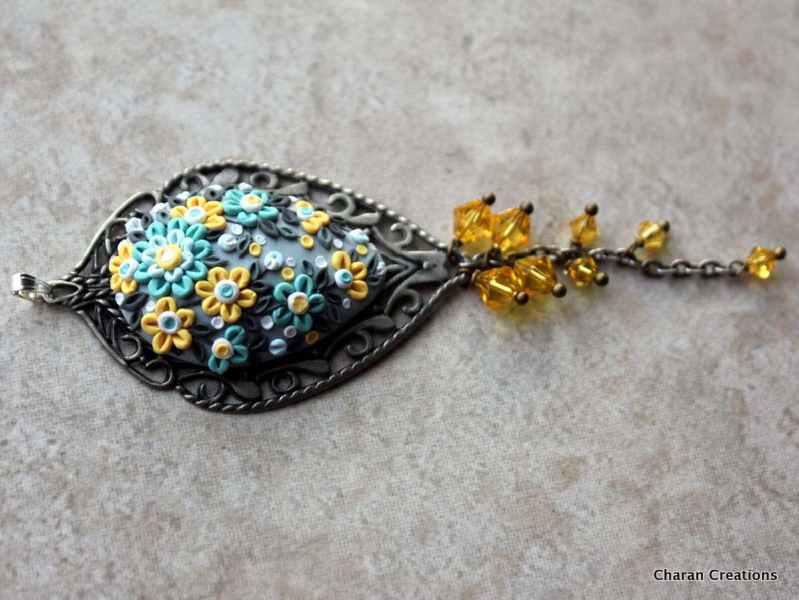 Teal and Yellow Polymer Clay Applique Floral Pendant - Etsy