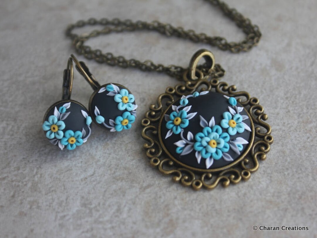 Gorgeous Polymer Clay Applique Statement Pendant Necklace and Earrings ...