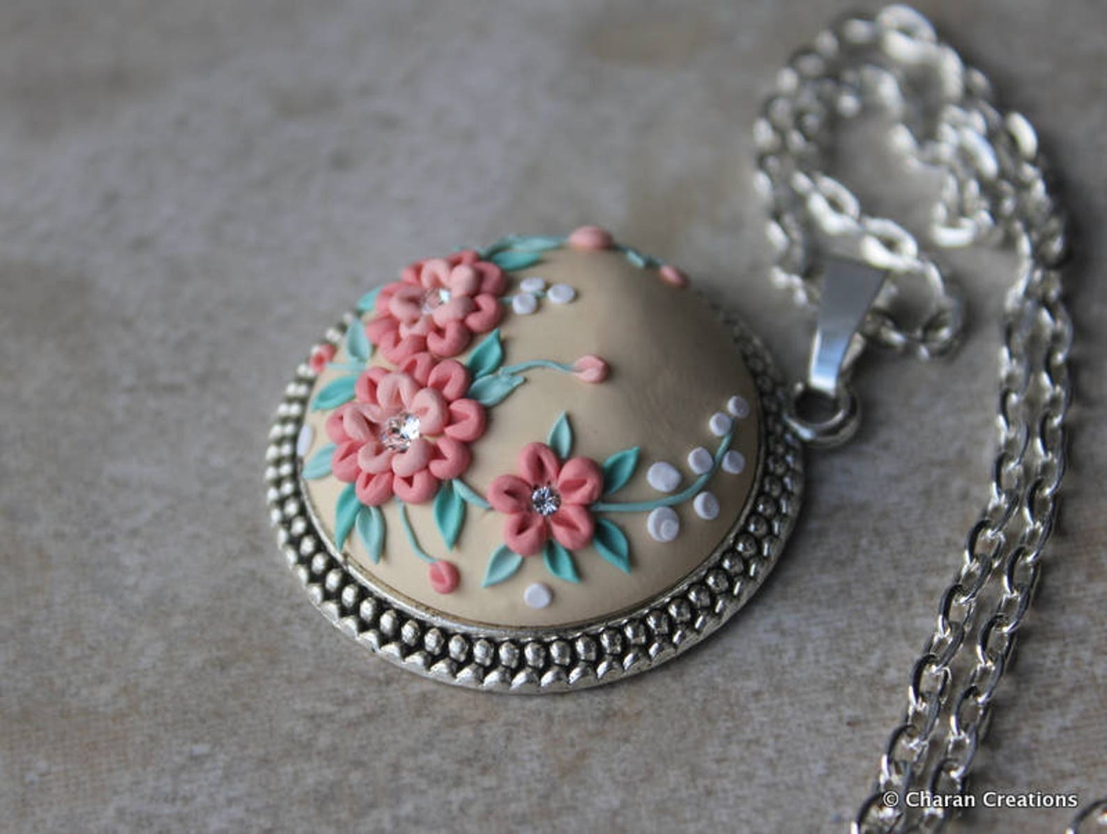 Gorgeous Polymer Clay Applique Statement Pendant Necklace in Peach ...