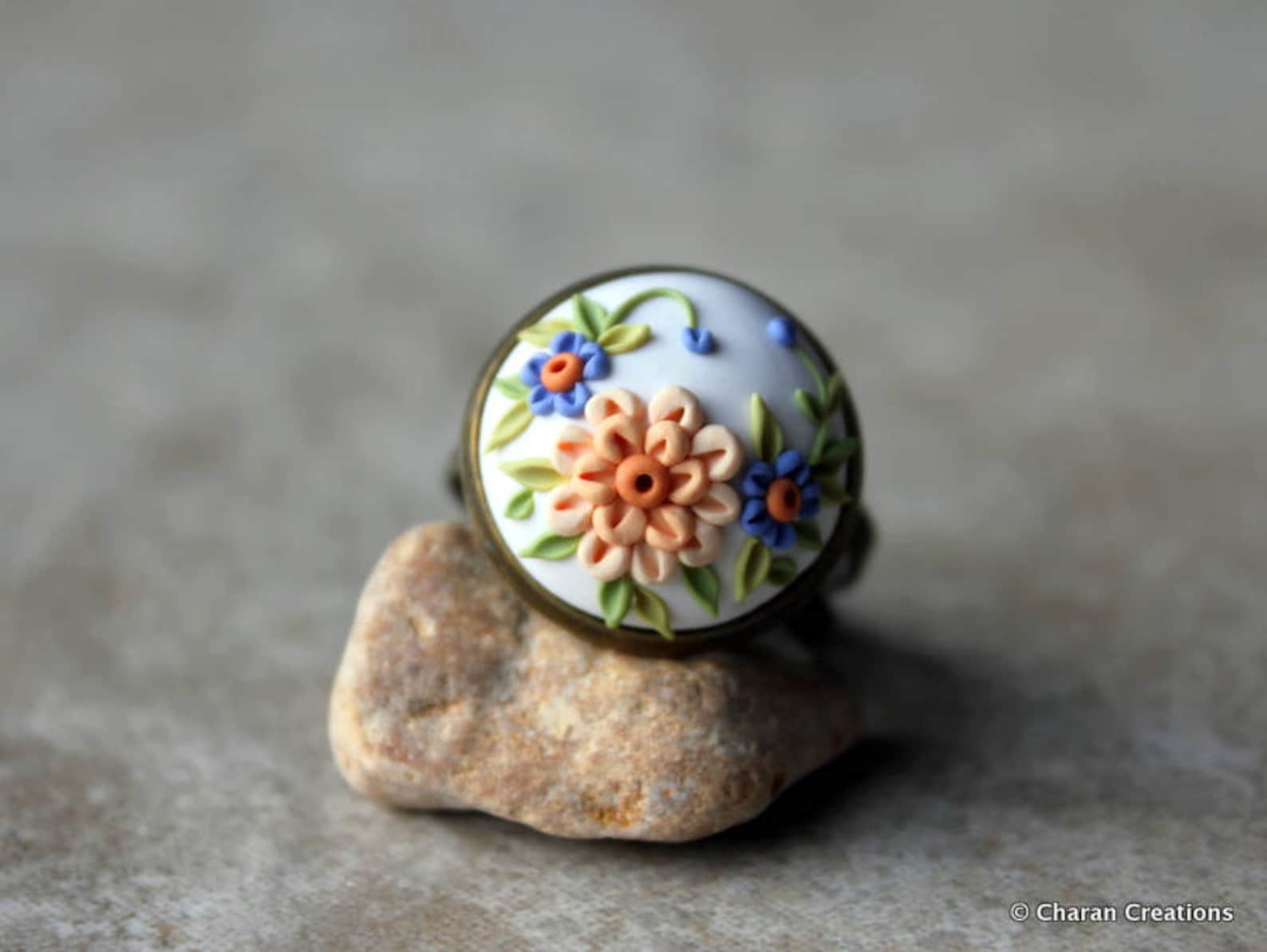 Beautiful Polymer Clay Applique Statement Ring in White and Peach - Etsy