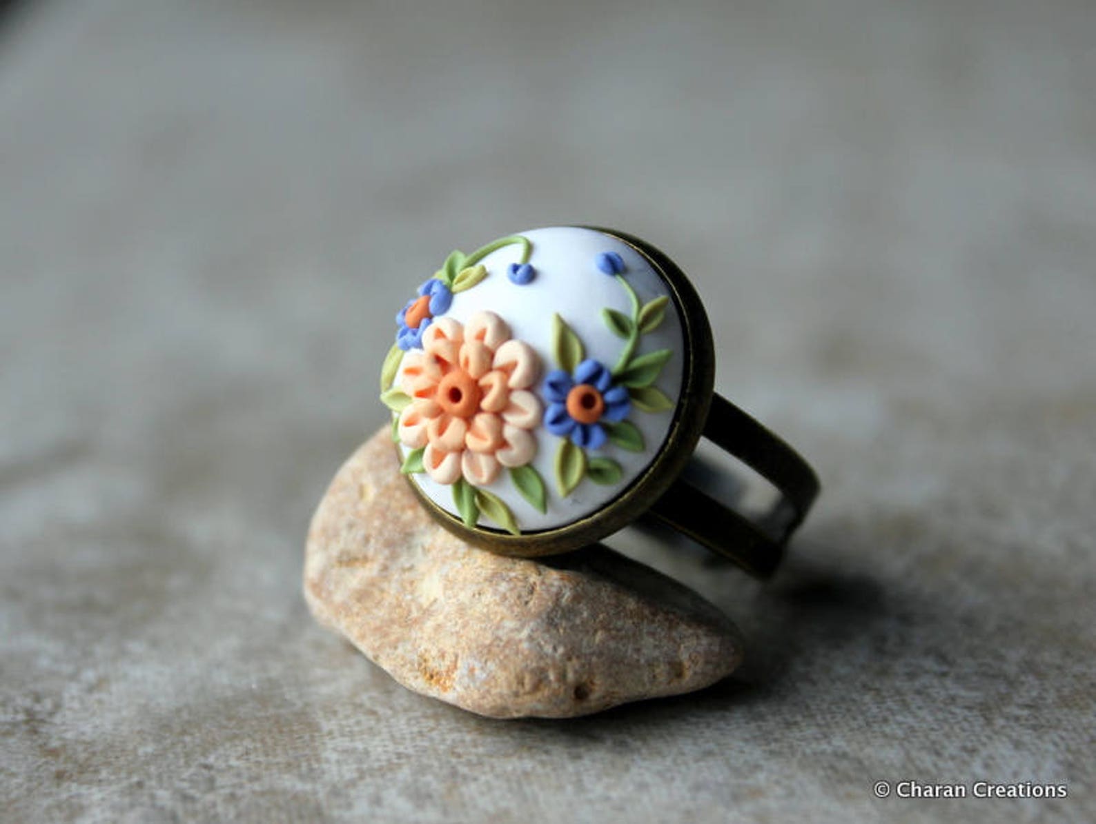Beautiful Polymer Clay Applique Statement Ring in White and Peach - Etsy