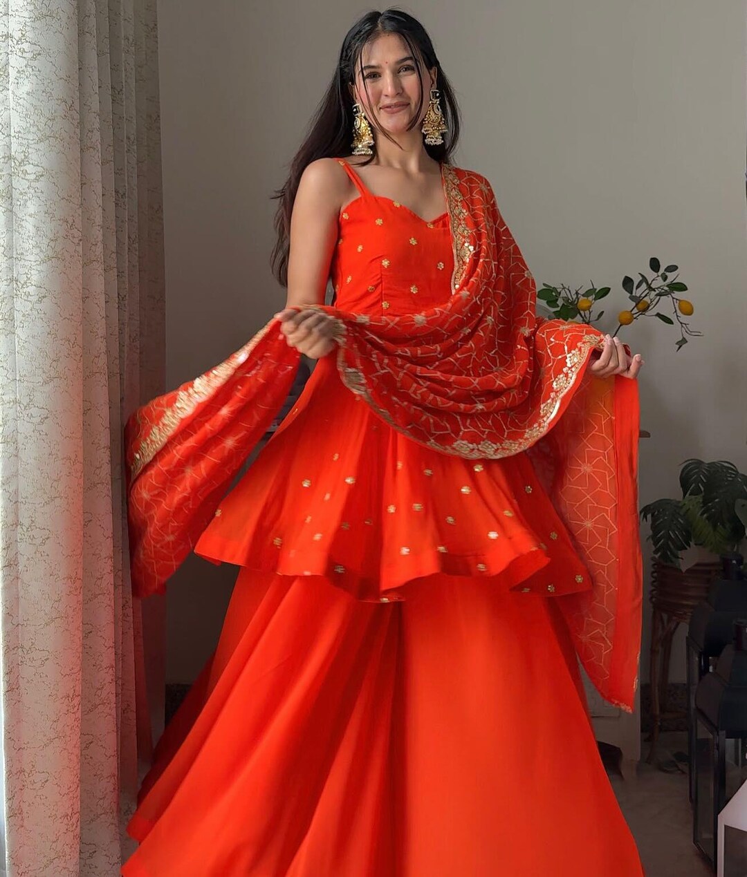 Bright Orange Sharara Set With Heavy Mirror Work Dupatta - Etsy