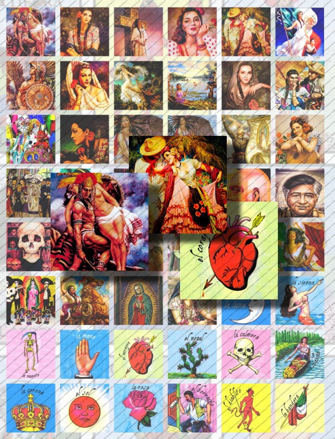 Mexican Art Dia Del Los Muertos Day of the Dead Loteria Chicano Aztec ...