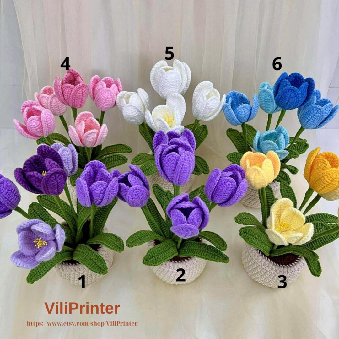 Handmade Crochet Tulips, Colorful Flower Pot Decoration, Yarn Bouquet ...