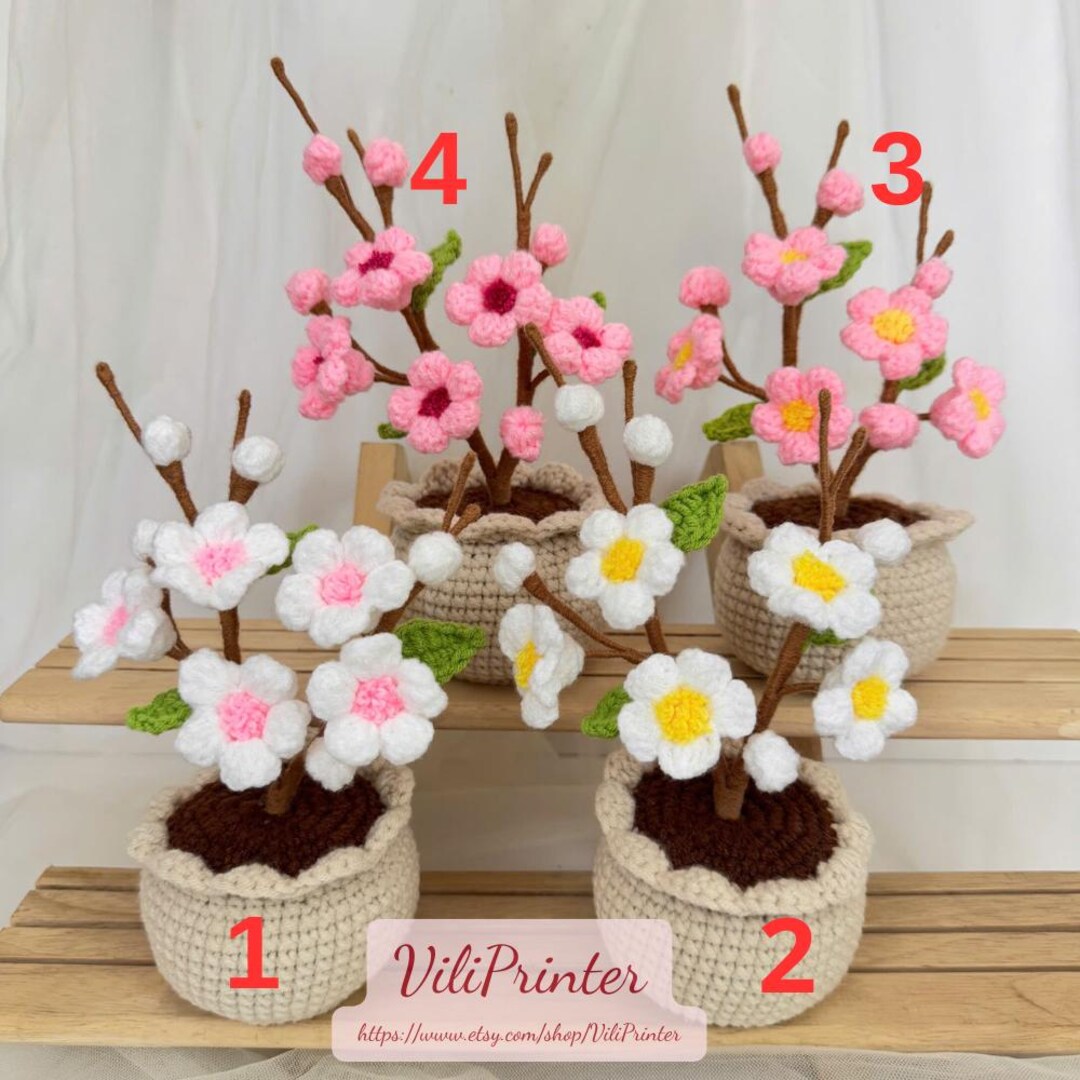 Crochet Cherry Blossom Pot, Handmade Sakura Plant Decor - Etsy