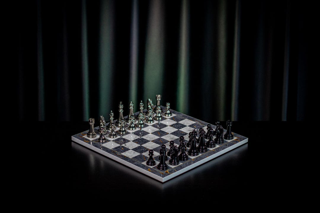Metal Chess Pieces,classic Figures and Gray Marble Patterned MDF Chess ...