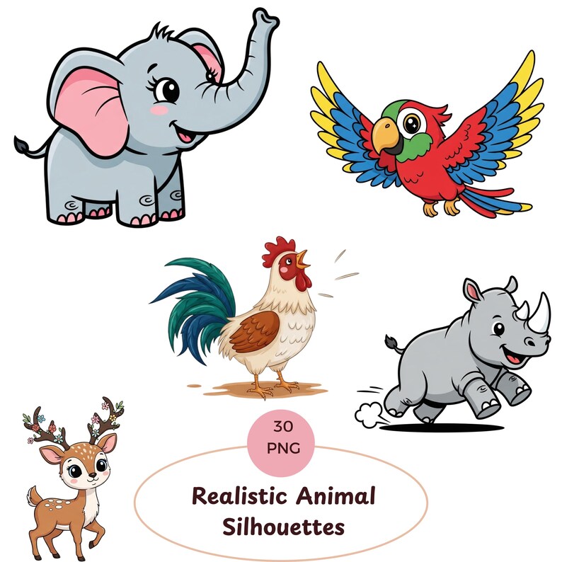 Animal Silhouettes Clipart: Realistic PNG Set for Logos (digital ...