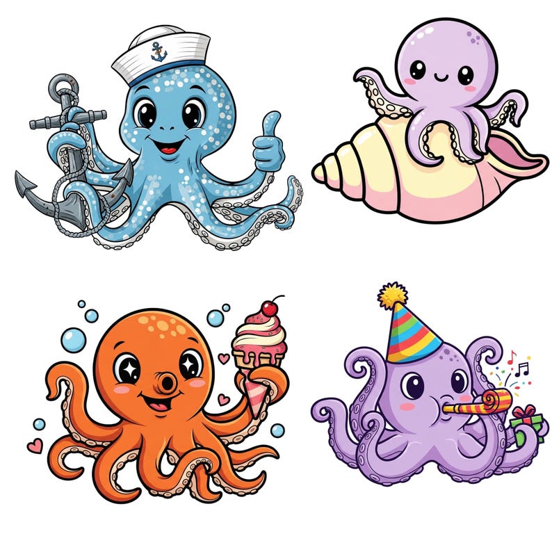 Cute Octopus Characters Clipart | Adorable Sea Animal PNG Set | Ocean ...