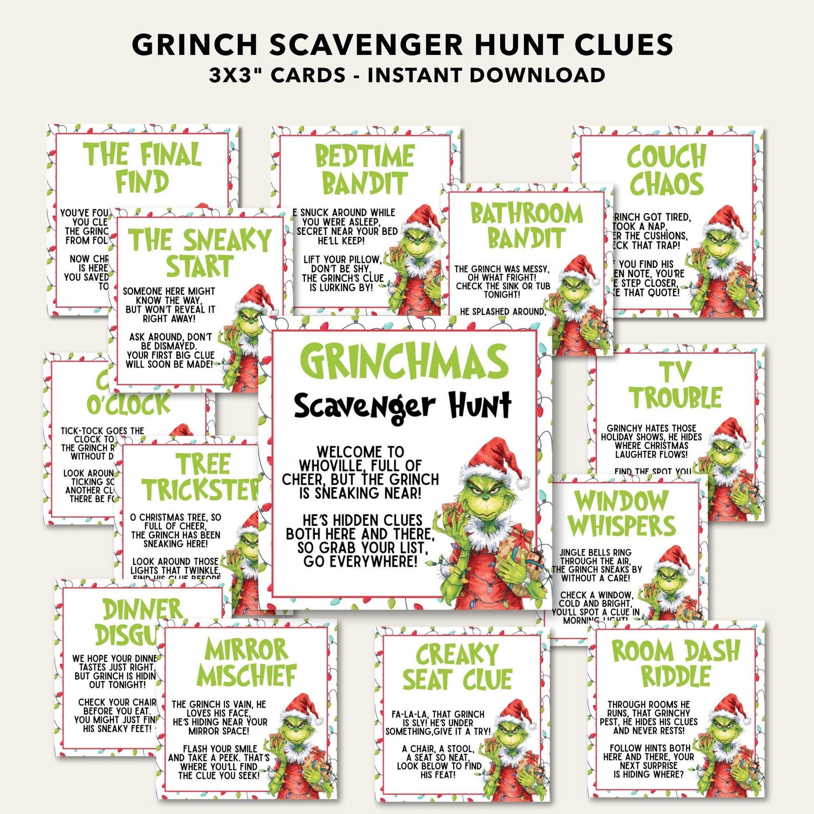Grinch Scavenger Hunt, Funny Christmas Game for Kids, Printable Indoor ...