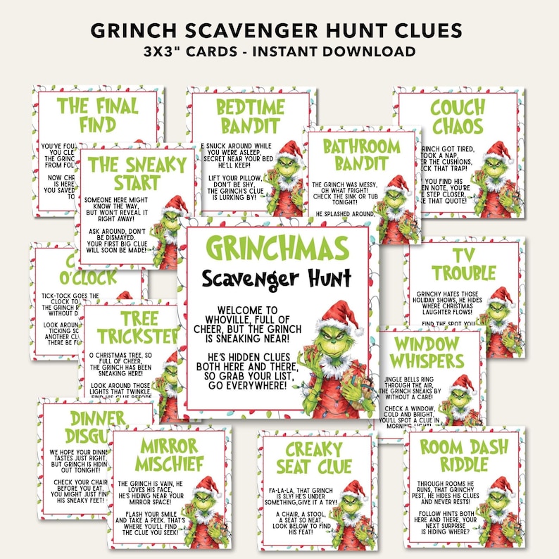 Grinch Scavenger Hunt, Funny Christmas Game for Kids, Printable Indoor ...