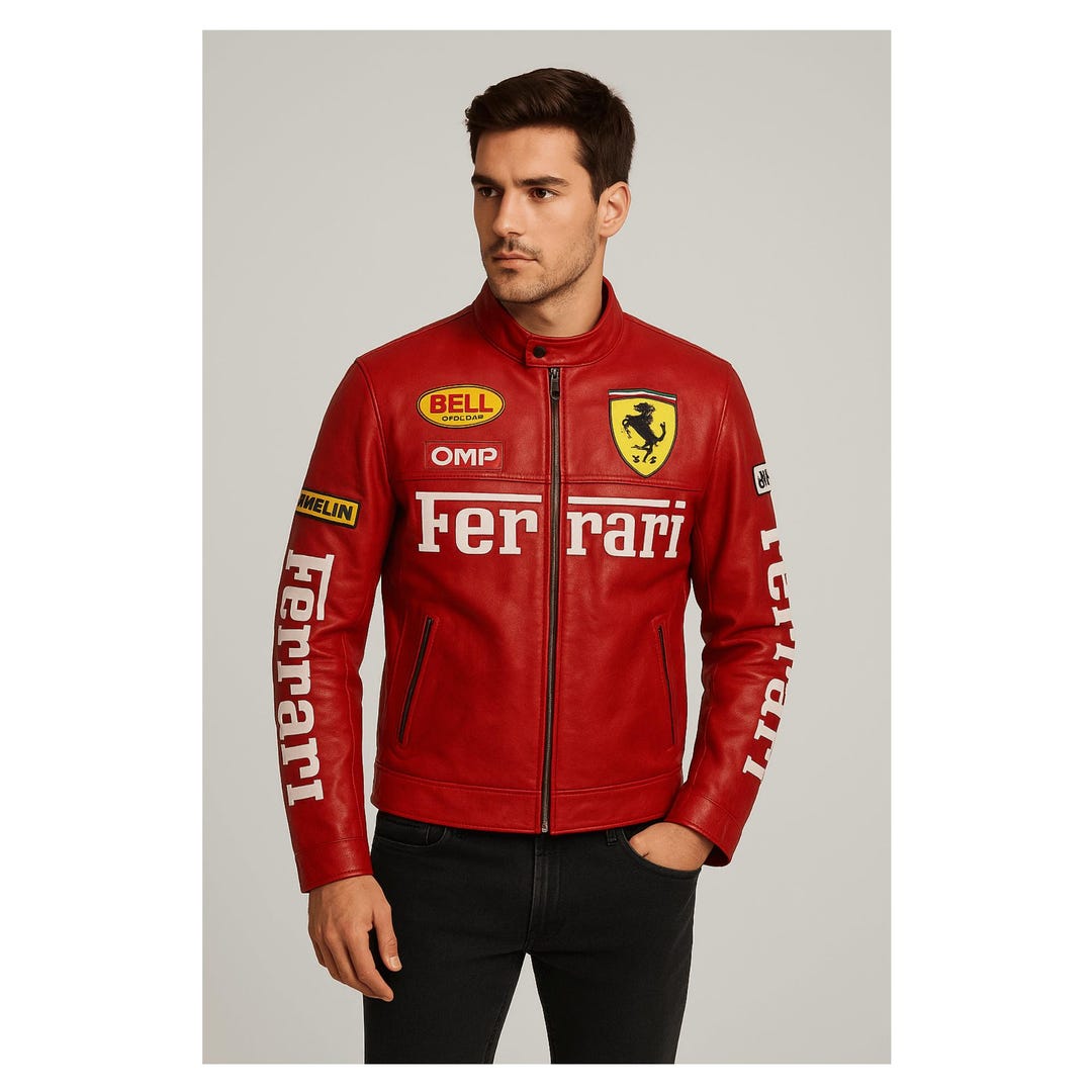 Handmade Ferrari Racing Jacket: Red Cowhide Leather Biker Motorsport ...