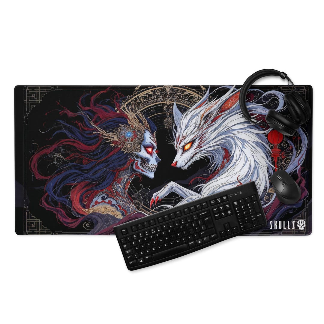 Skull & Kitsune Gaming Mouse Pad - Dark Fantasy Art Design - Etsy