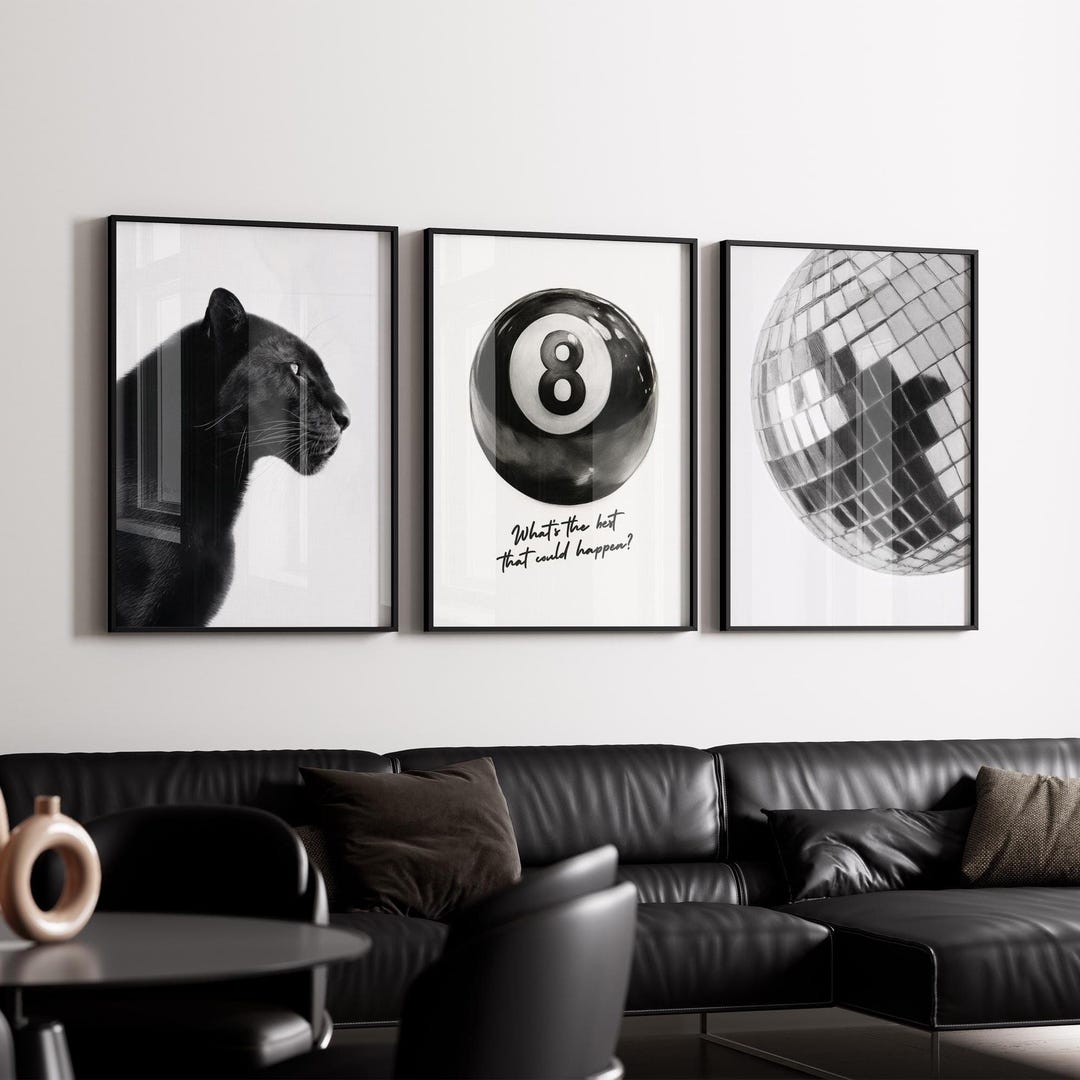 Trendy Black and White Retro Wall Art Set of 3, Panther Print With 8 ...