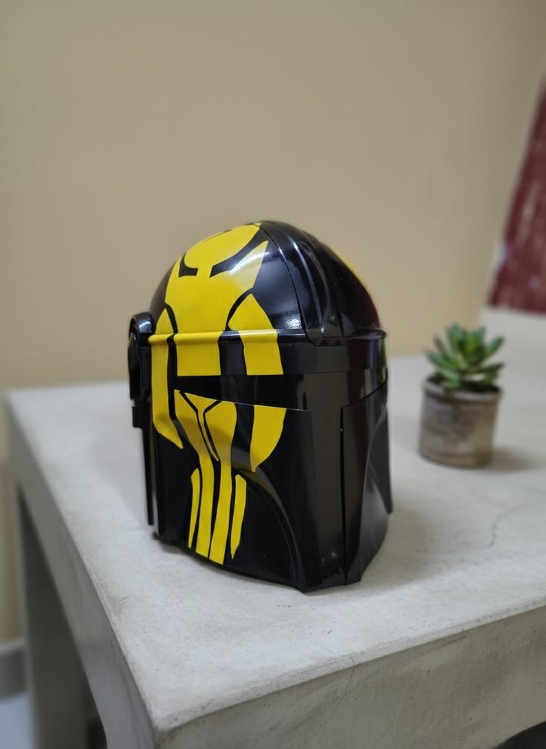 Custom Mandalorian-inspired Helmet • Yellow & Black Sci-fi Warrior ...