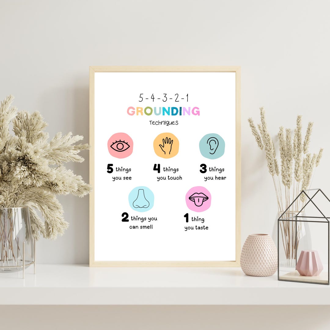 Grounding Techniques Poster, Anxiety Relief Print, Therapy Office Decor ...
