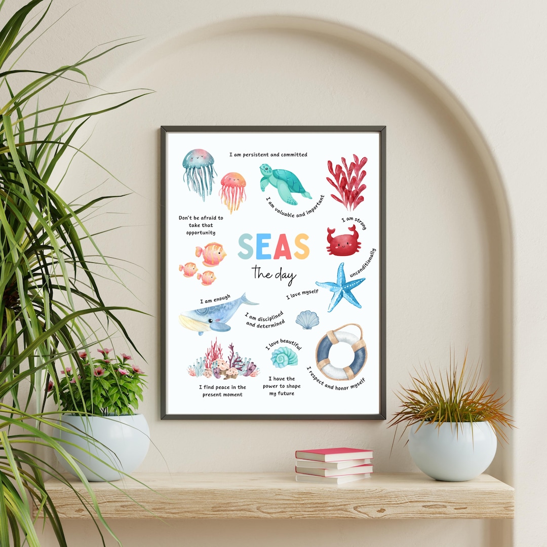 Seas the Day Poster, Positive Affirmation Wall Art, Ocean Theme Kids ...