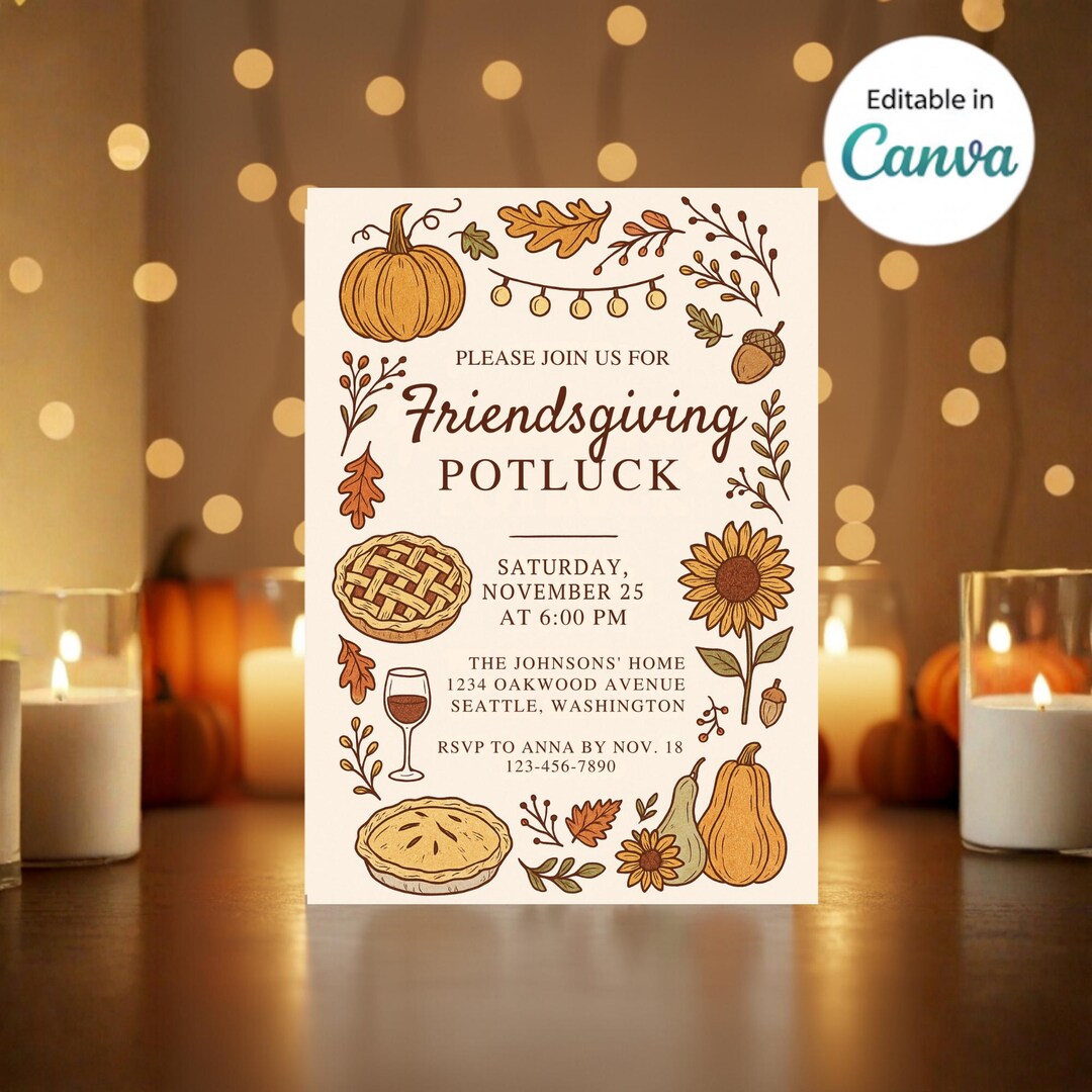 Editable Friendsgiving Invitation, Fall Potluck Dinner Party Invite ...
