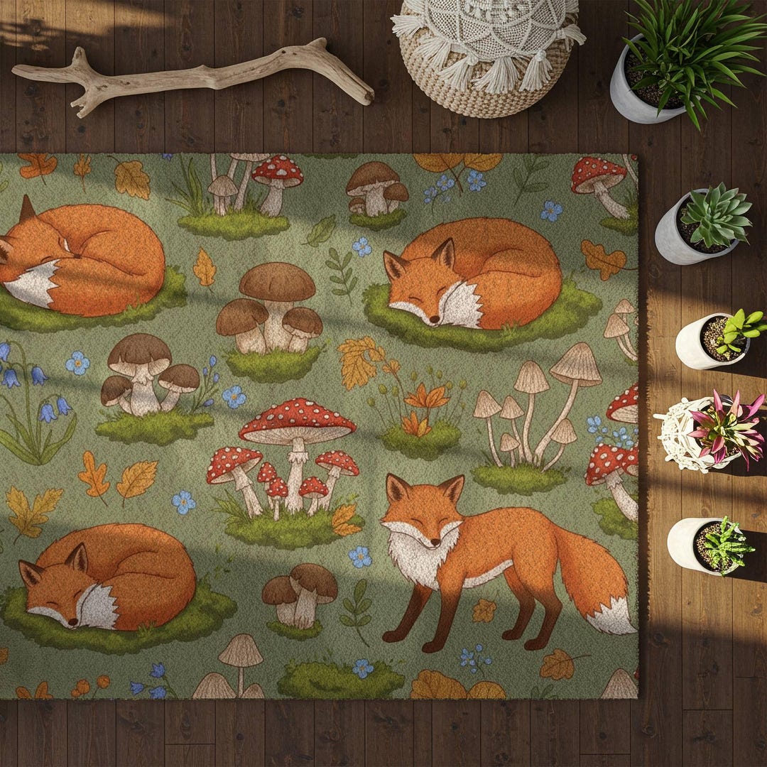 Fox Woodland Area Rug: Cozy Cottagecore Carpet for Kids Room or Living ...
