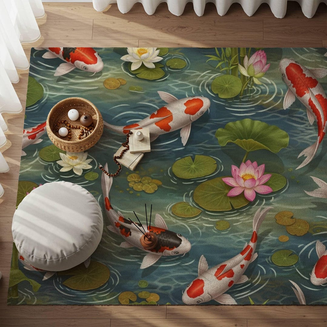 Koi Fish Area Rug: Water Lily Carpet for Zen, Coastal and Aquatic Home ...