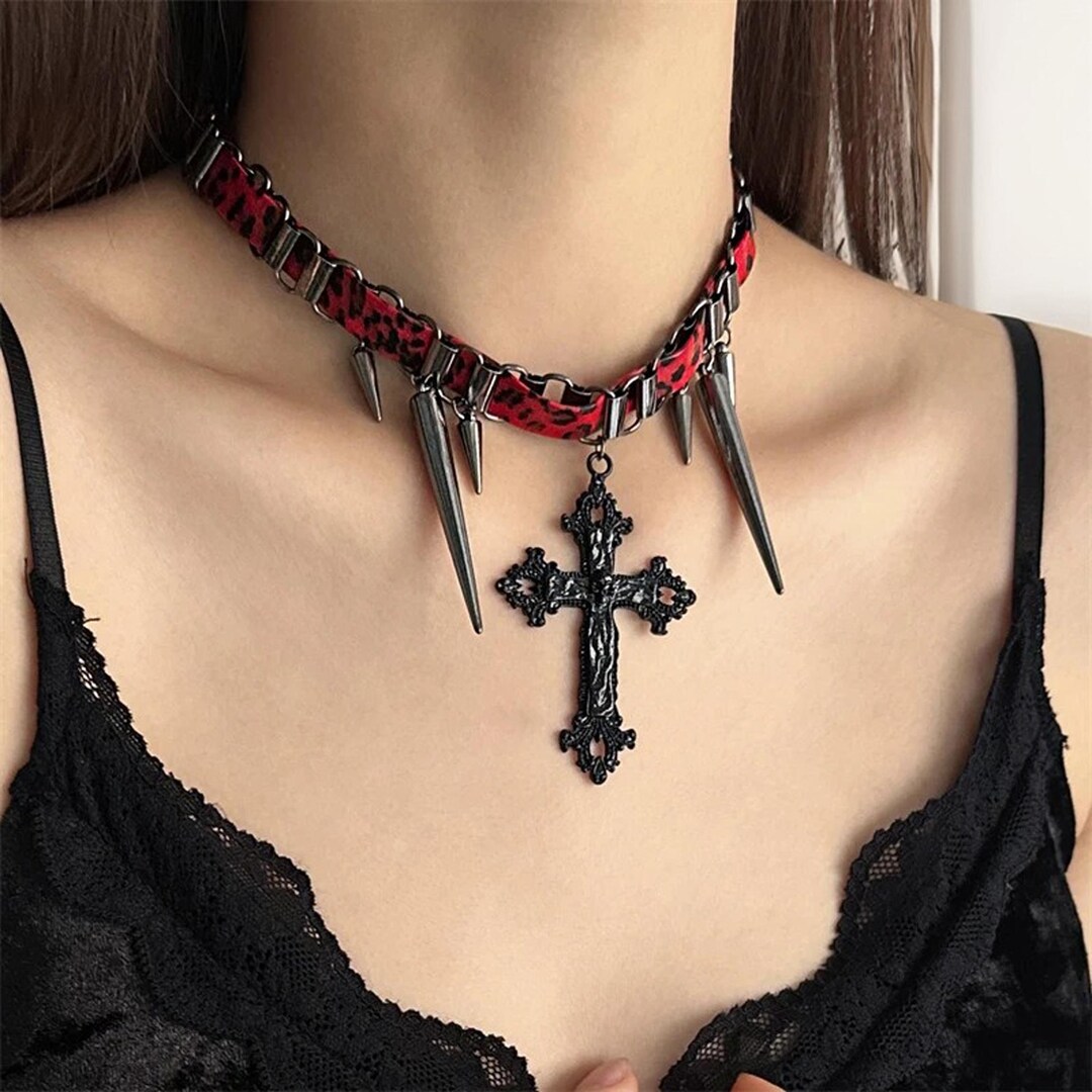 Gothic Cross Choker With Spikes - Edgy Red & Black Statement Necklace ...