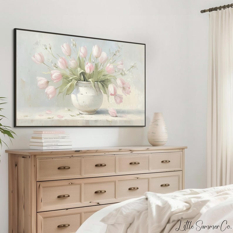 Floral Frame TV Art Pink Tulips in White Vase, Samsung Frame TV ...