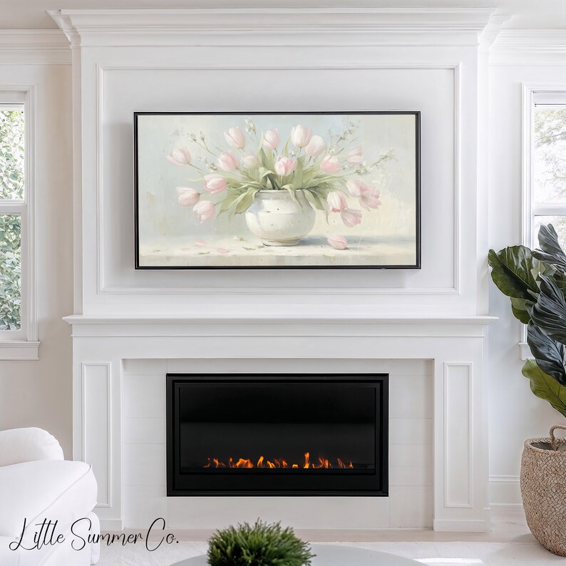 Floral Frame TV Art Pink Tulips in White Vase, Samsung Frame TV ...