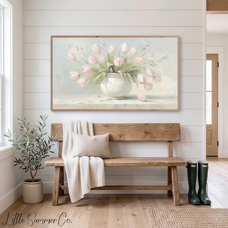 Floral Frame TV Art Pink Tulips in White Vase, Samsung Frame TV ...