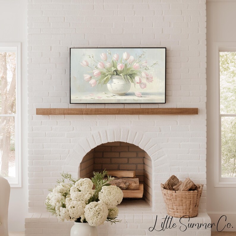 Floral Frame TV Art Pink Tulips in White Vase, Samsung Frame TV ...